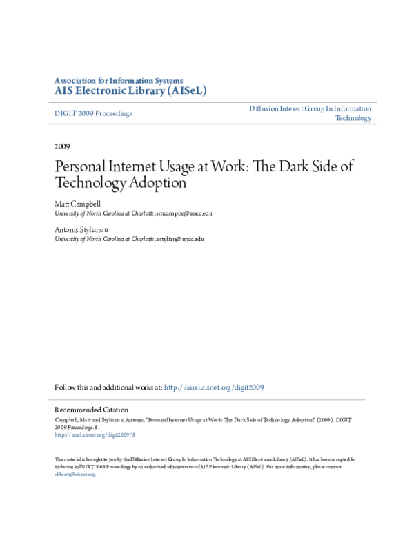 (PDF) Personal Internet Usage at Work: The Dark Side of Technology Adoption