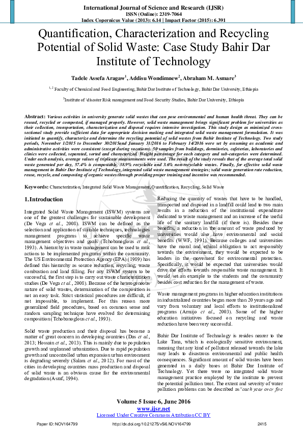 (PDF) Quantification, Characterization and Recycling Potential of Solid ...