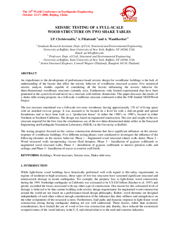 (PDF) Seismic Testing of a Full-Scale Wood Structure on Two Shake Tables