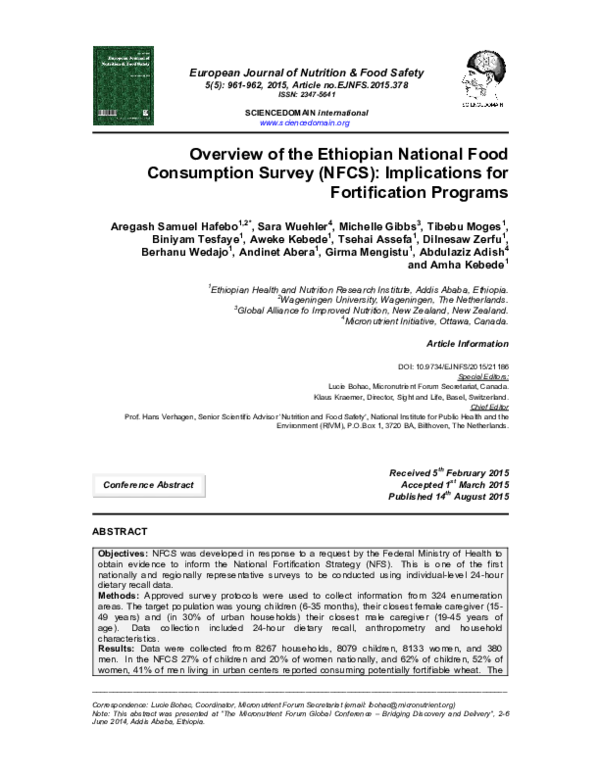 (PDF) Overview of the Ethiopian National Food Consumption Survey (NFCS): Implications for ...