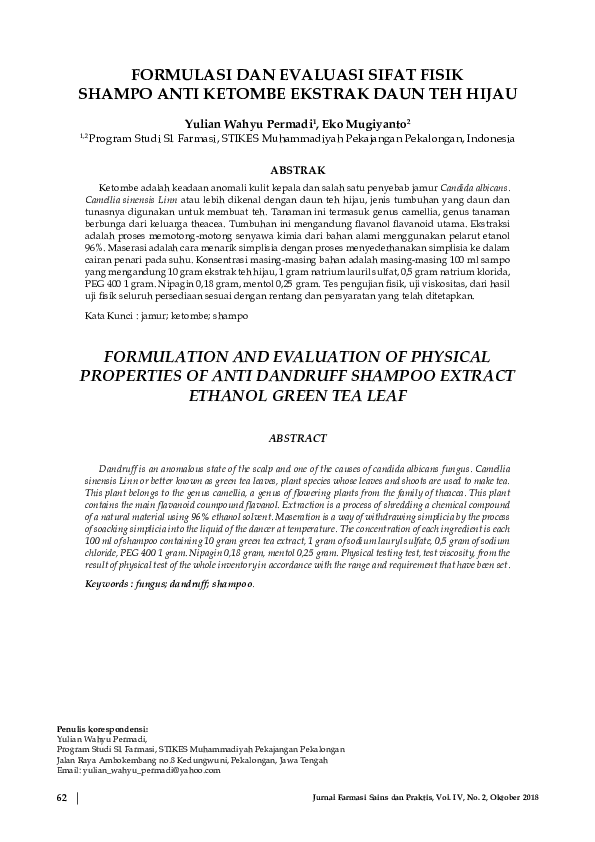 (PDF) Formulasi Dan Evaluasi Sifat Fisik Shampo Anti Ketombe Ekstrak Daun Teh Hijau