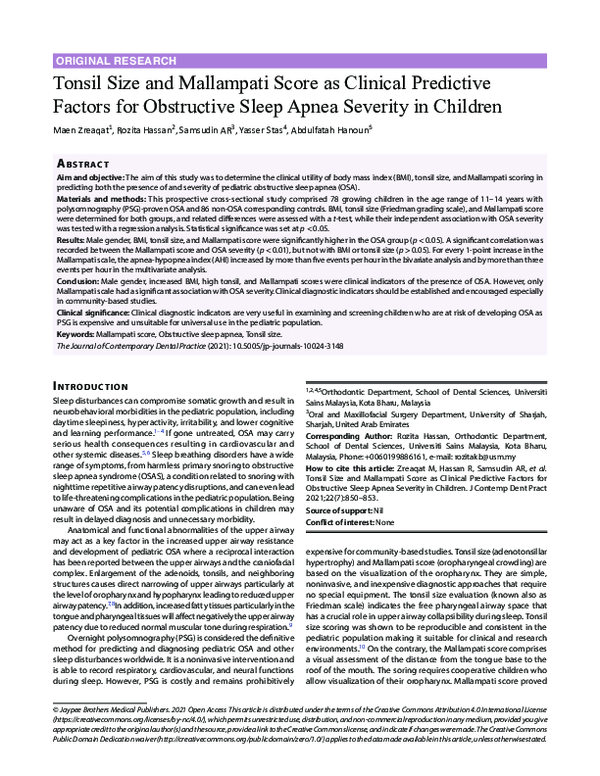 (PDF) Tonsil Size and Mallampati Score as Clinical Predictive Factors ...