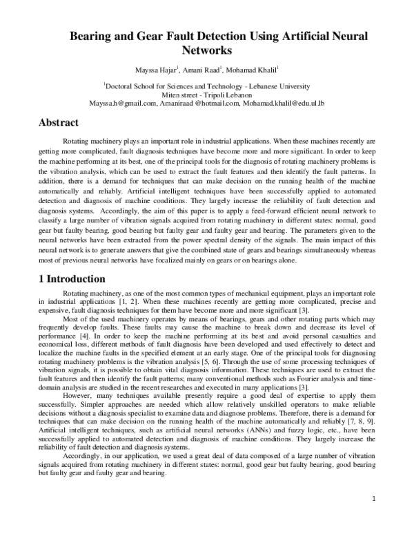 Pdf Bearing And Gear Fault Detection Using Artificial Neural Networks Amani Raad