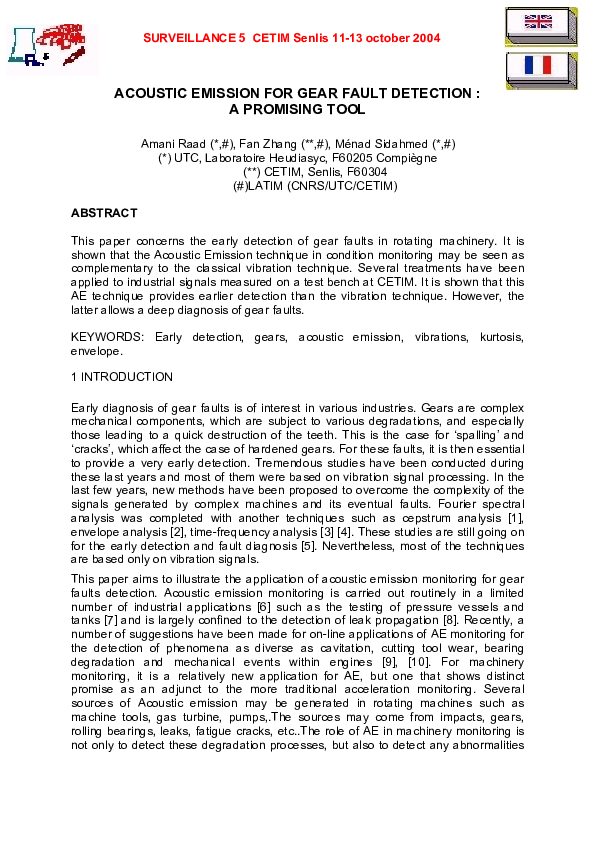 (PDF) Acoustic Emission for Gear Fault Detection : A Promising Tool