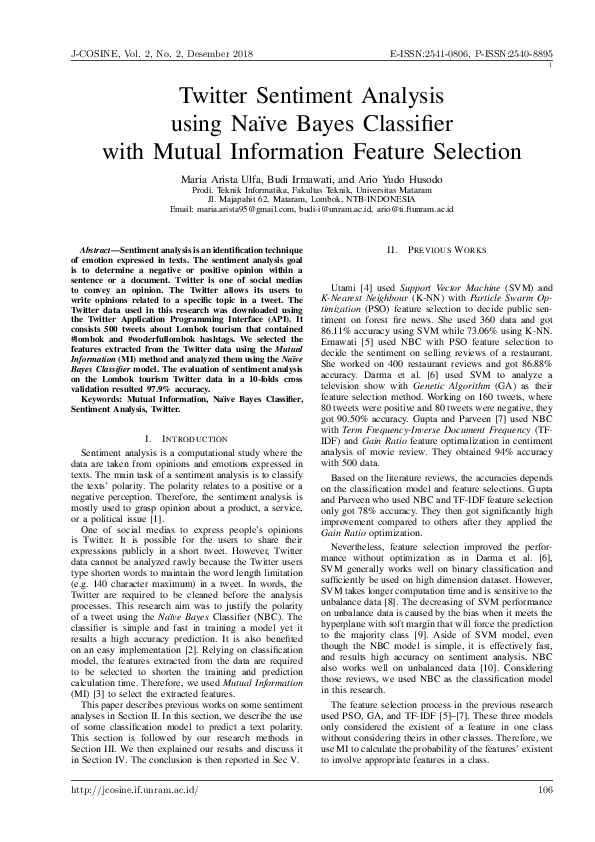 Pdf Twitter Sentiment Analysis Using Na¨ive Bayes Classifier With Mutual Information Feature