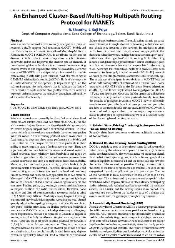 (PDF) An Enhanced Cluster-Based Multi-hop Multipath Routing Protocol for MANETs