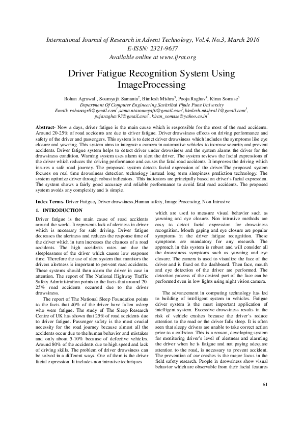 Pdf Driver Fatigue Recognition System Using Imageprocessing