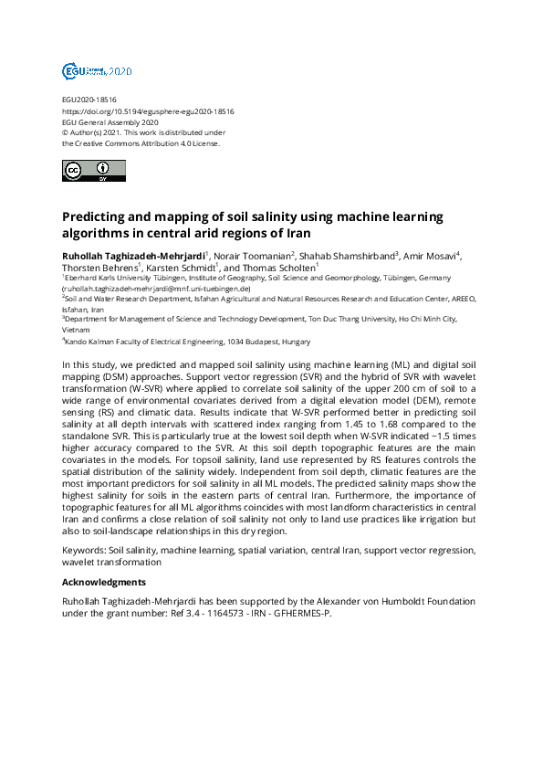 (PDF) Predicting and mapping of soil salinity using machine learning algorithms in central arid ...