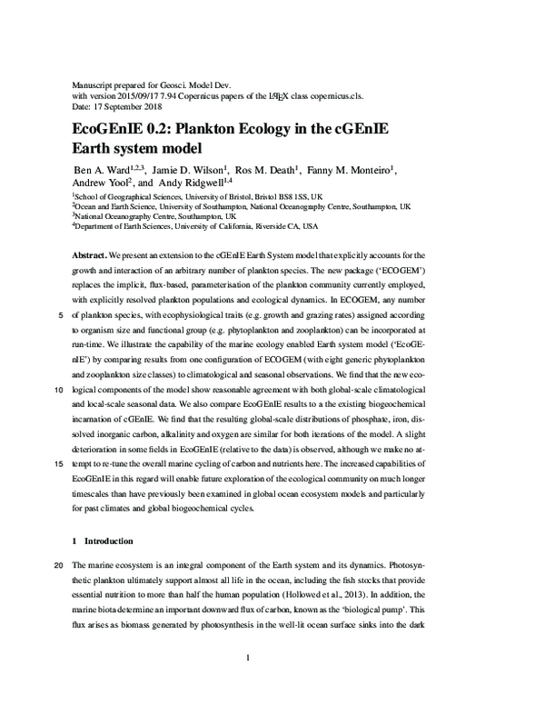 (PDF) EcoGEnIE 0 . 2 : Plankton Ecology in the cGEnIE Earth system model