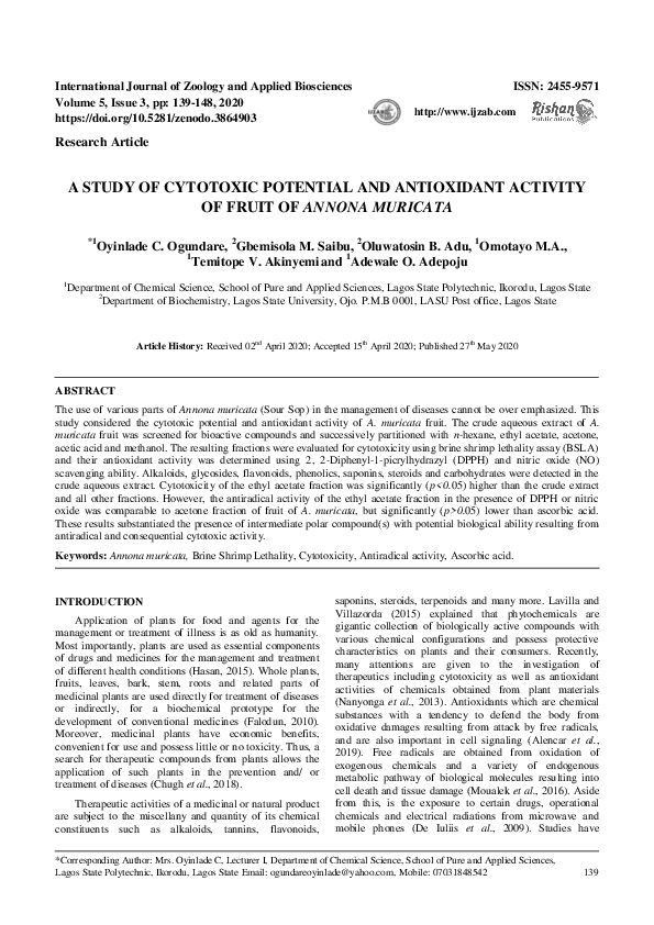 (PDF) A Study of Cytotoxic Potential and Antioxidant Activity of Fruit of Annona Muricata