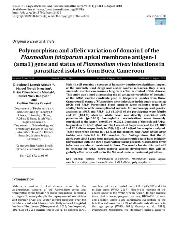 (PDF) Polymorphism and allelic variation of domain I of the Plasmodium ...