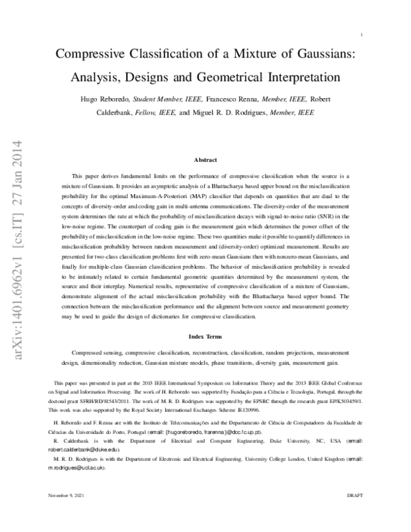 (PDF) Compressive Classification of a Mixture of Gaussians: Analysis, Designs and Geometrical ...