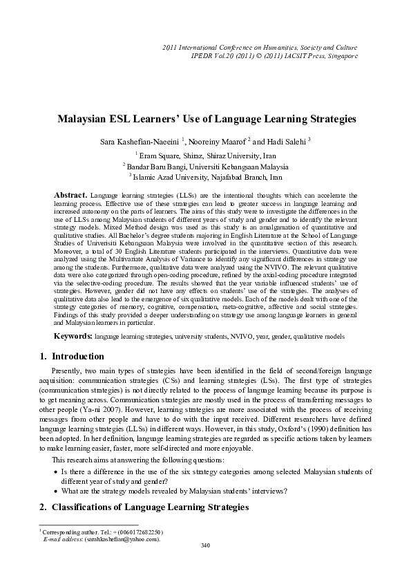 (PDF) Malaysian ESL Learners ’ Use of Language Learning Strategies