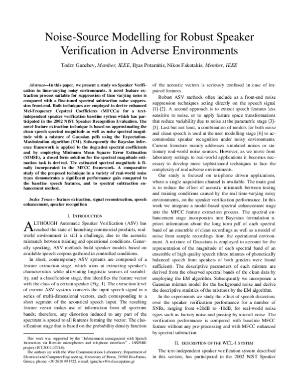 Pdf Noise Source Modelling For Robust Speaker Verification In Adverse Environments