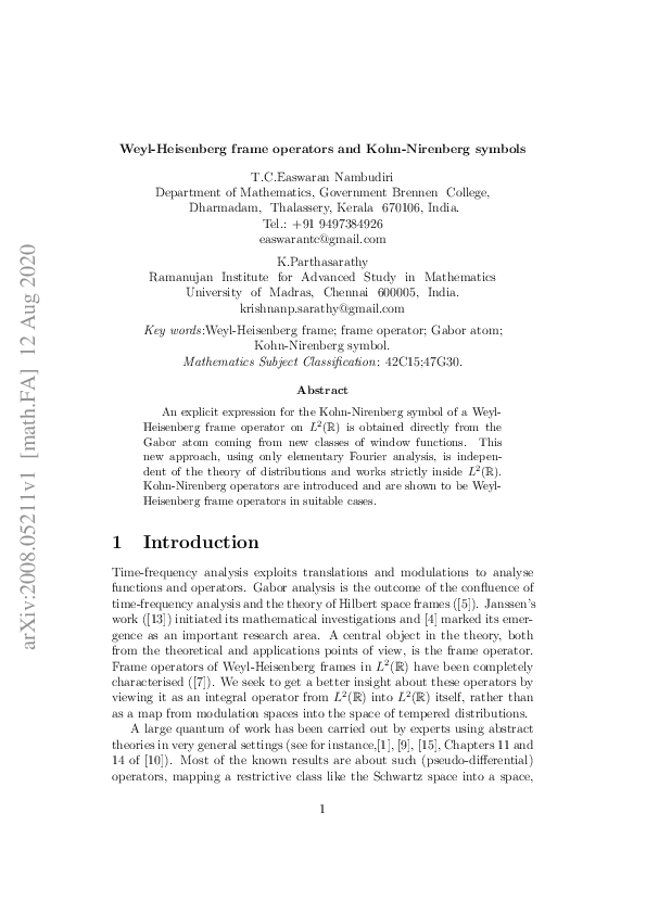 (PDF) Weyl-Heisenberg Frame Operators and Kohn-Nirenberg Symbols