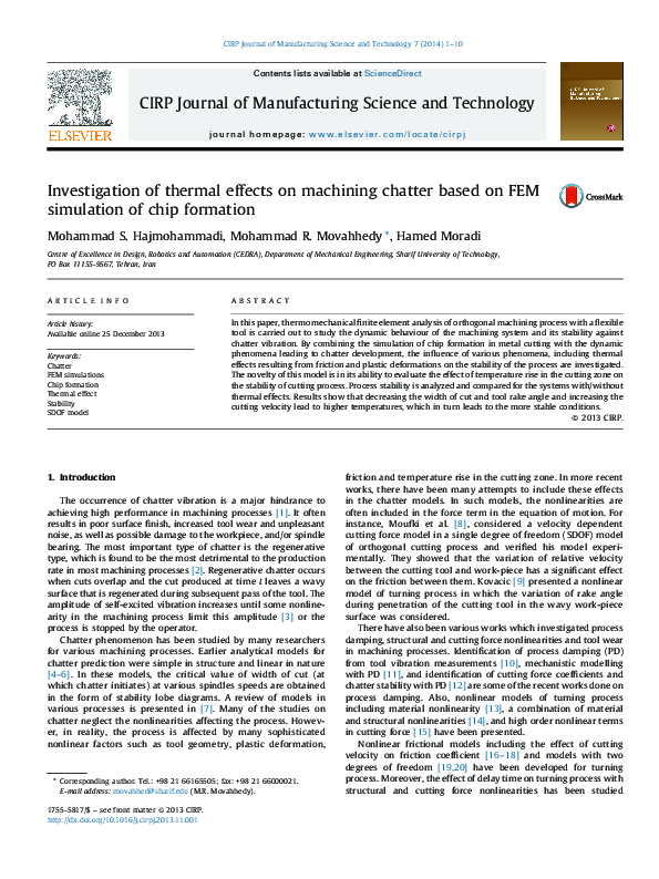 (PDF) Investigation of thermal effects on machining chatter based on FEM simulation of chip ...