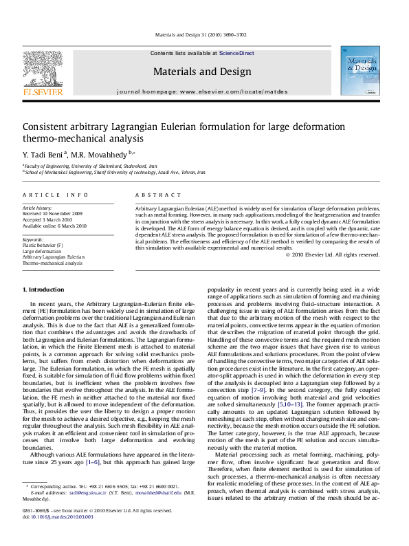 Pdf Consistent Arbitrary Lagrangian Eulerian Formulation For Large