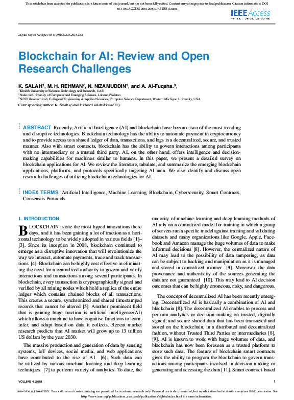 (PDF) Blockchain for AI: Review and Open Research Challenges
