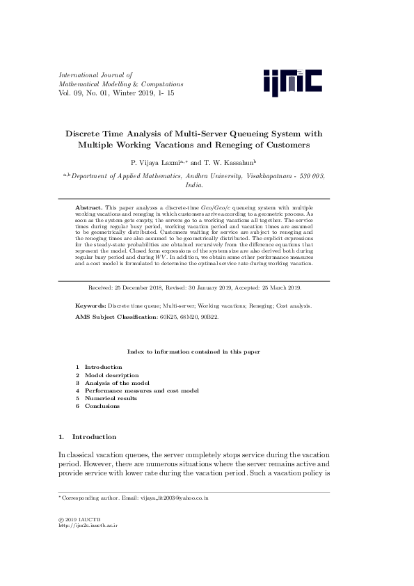 (PDF) Discrete Time Analysis of Multi-Server Queueing System with Multiple Working Vacations and ...
