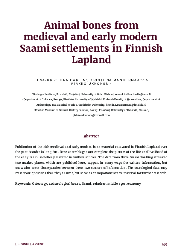 (PDF) Animal bones from medieval and early modern Saami settlements in ...