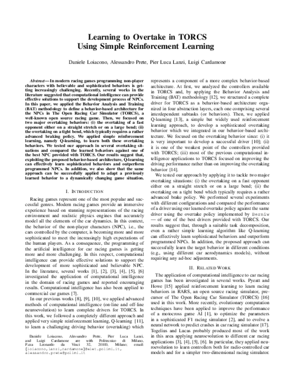 (PDF) Learning to overtake in torcs using simple reinforcement learning
