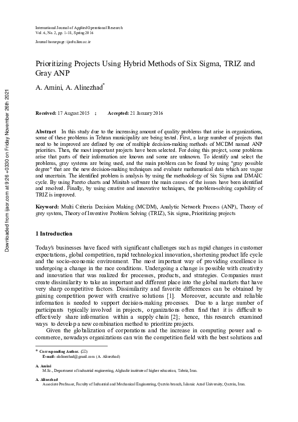 (PDF) Prioritizing Projects Using Hybrid Methods of Six Sigma, TRIZ and ...