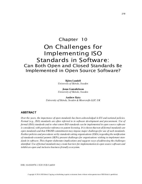 (PDF) On Challenges for Implementing ISO Standards in Software