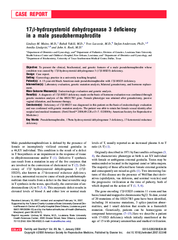 (PDF) 17Β-HYDROXYSTEROID Dehydrogenase 3 Deficiency in a Male ...