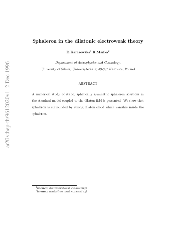 (PDF) Sphaleron in the dilatonic electroweak theory