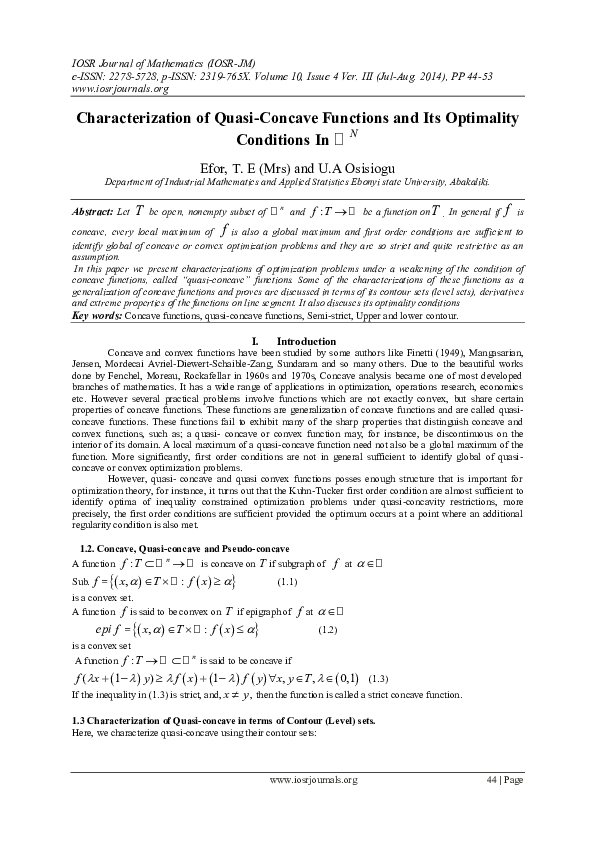 (PDF) Characterization of Quasi-Concave Functions and Its Optimality