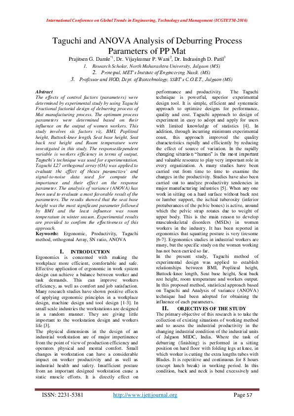 (PDF) Taguchi and ANOVA Analysis of Deburring Process Parameters of PP Mat