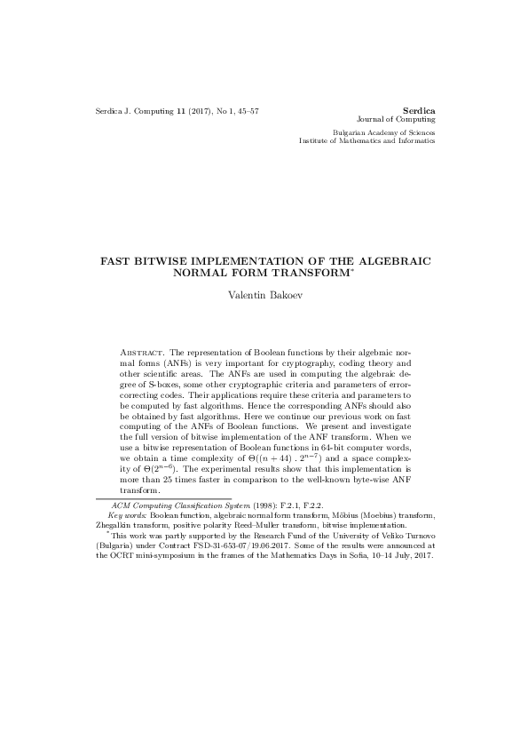 (PDF) Fast Bitwise Implementation of the Algebraic Normal Form Transform