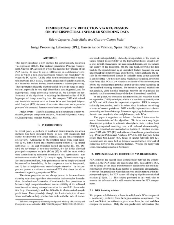 (PDF) Dimensionality reduction via regression on hyperspectral infrared sounding data