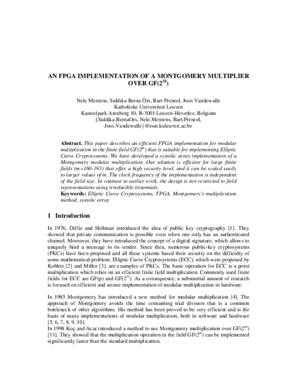 (PDF) An FPGA Implementation of a Montgomery Multiplier Over GF(2^m) (PDF) An FPGA Implementation of a Montgomery Multiplier Over GF(2^m)