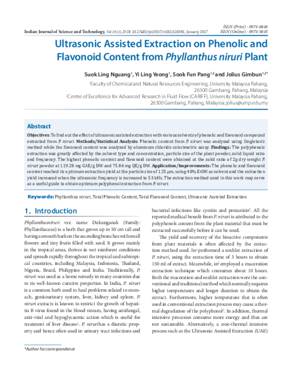 (PDF) Ultrasonic Assisted Extraction on Phenolic and Flavonoid Content from Phyllanthus niruri Plant
