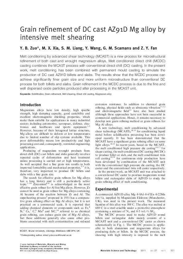 (PDF) Grain refinement of DC cast AZ91D Mg alloy by intensive melt shearing