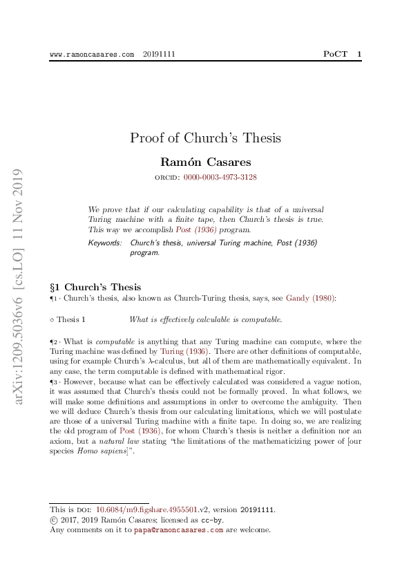 (PDF) Proof of Church's Thesis
