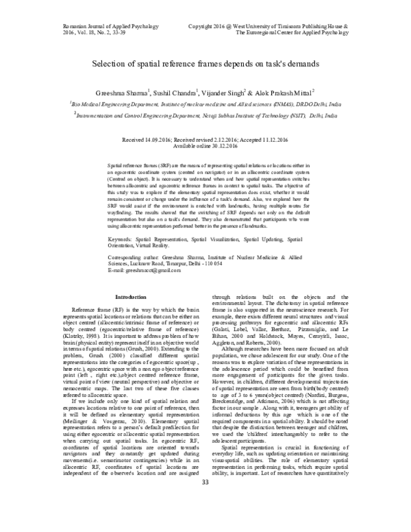 Pdf Selection Of Spatial Reference Frames Depends On Tasks Demands
