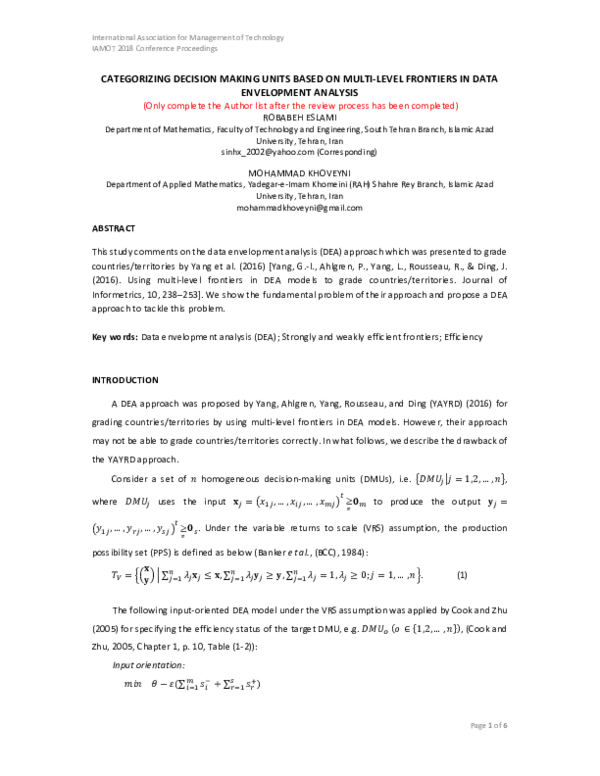 (PDF) Categorizing Decision Making Units Based on Multi-Level Frontiers in Data Envelopment Analysis