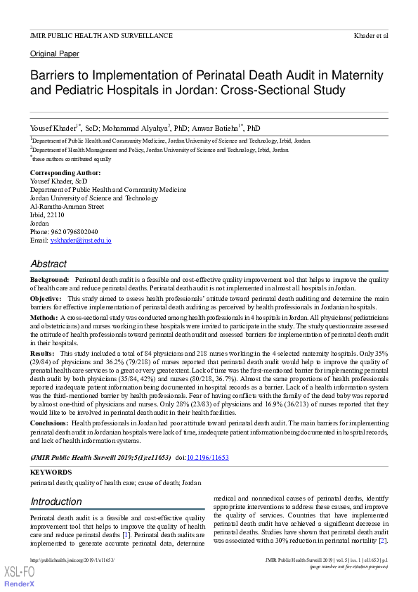 (PDF) Barriers to Implementation of Perinatal Death Audit in Maternity and Pediatric Hospitals ...
