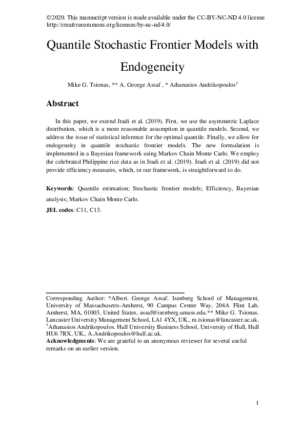 (PDF) Quantile stochastic frontier models with endogeneity | Athanasios Andrikopoulos - Academia.edu