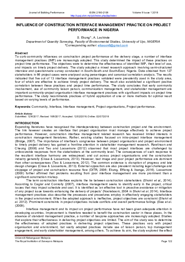 (PDF) Influence of Construction Interface Management Practice on Project Performance in Nigeria