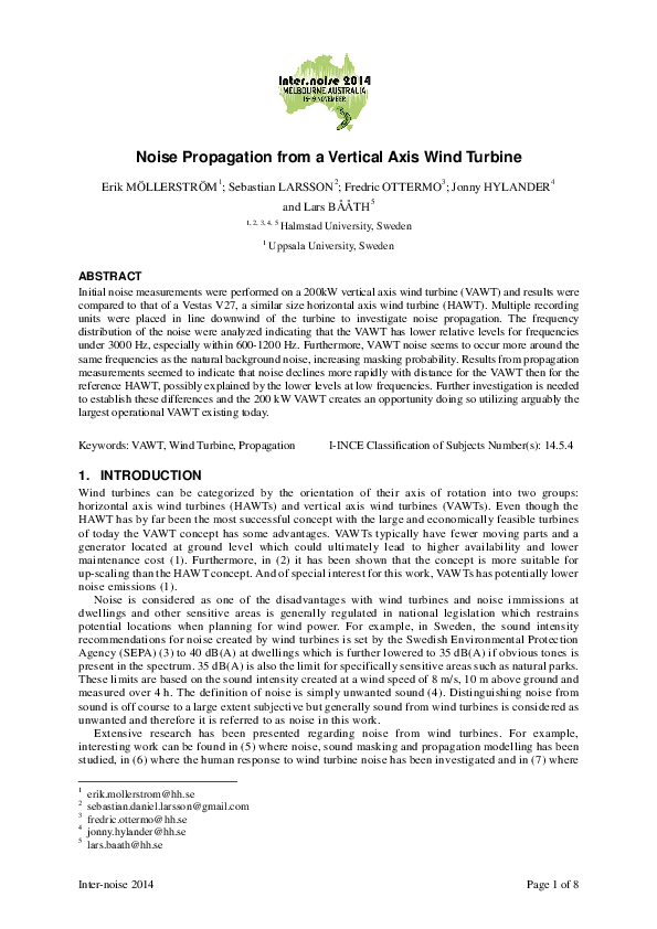 Pdf Noise Propagation From A Vertical Axis Wind Turbine Lars Bååth
