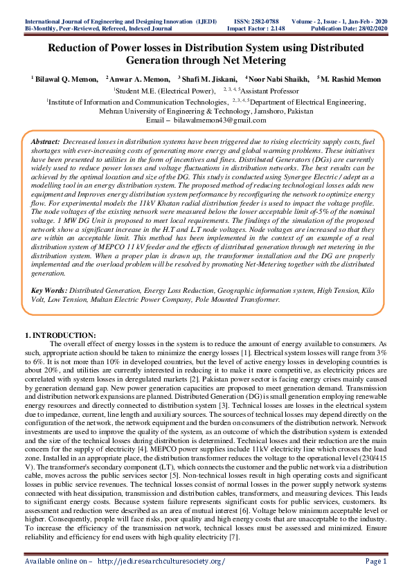 Pdf Reduction Of Power Losses In Distribution System Using Distributed Generation Through Net