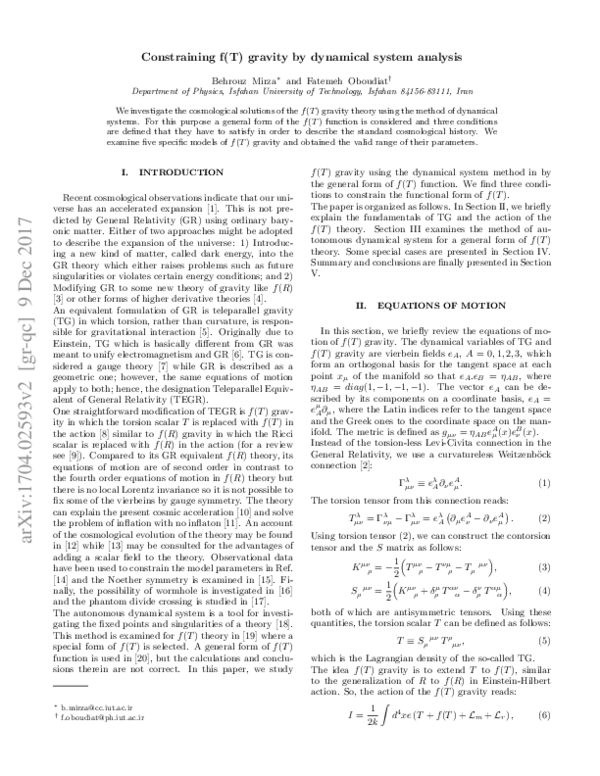 (PDF) Constraining f(T) gravity by dynamical system analysis