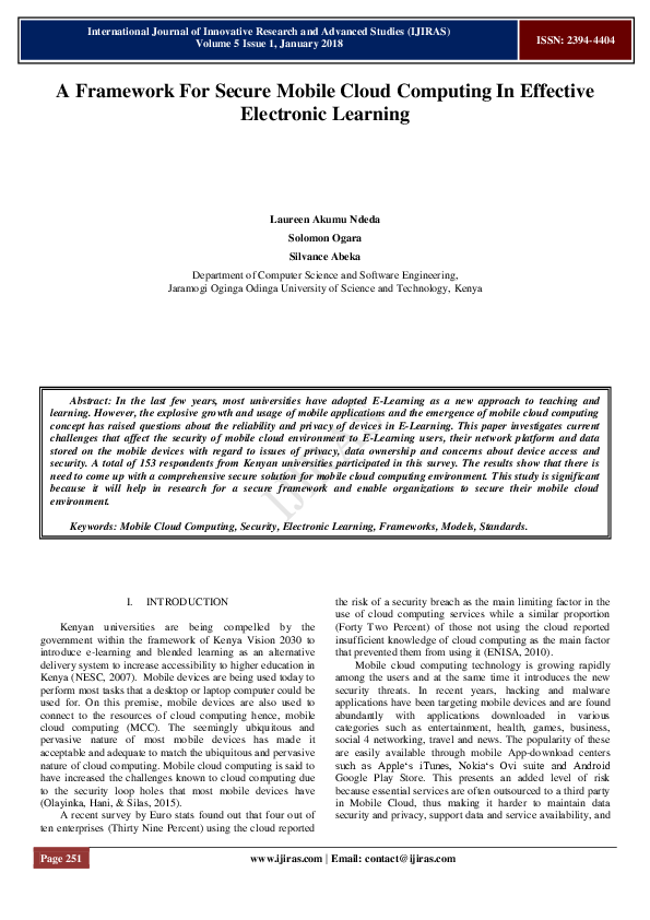 (PDF) A Framework for secure mobile cloud computing in effective electronic learning