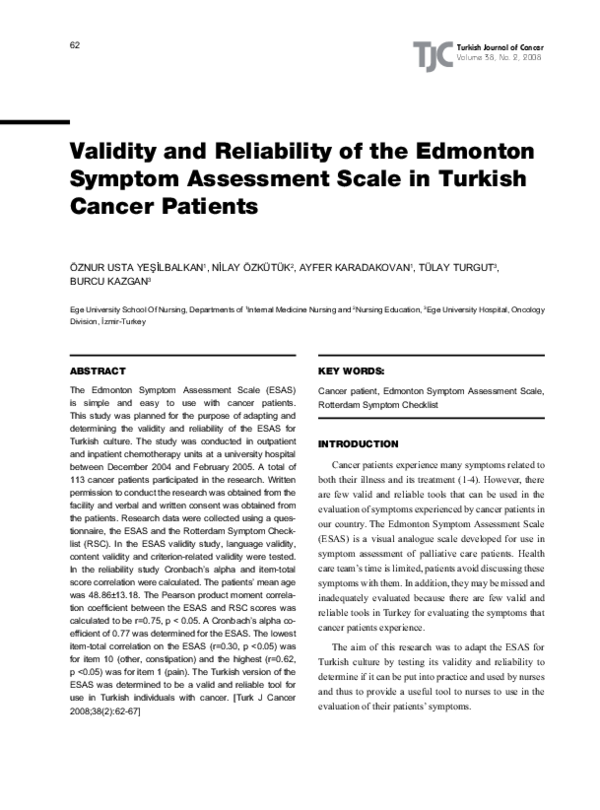 (PDF) Validity and Reliability of the Edmonton Symptom Assessment Scale ...