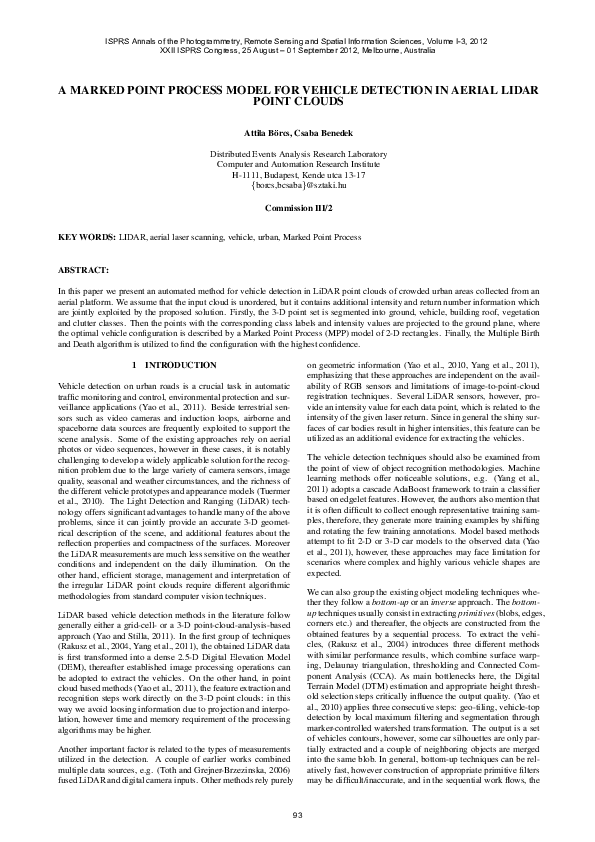 (PDF) A Marked Point Process Model for Vehicle Detection in Aerial Lidar Point Clouds