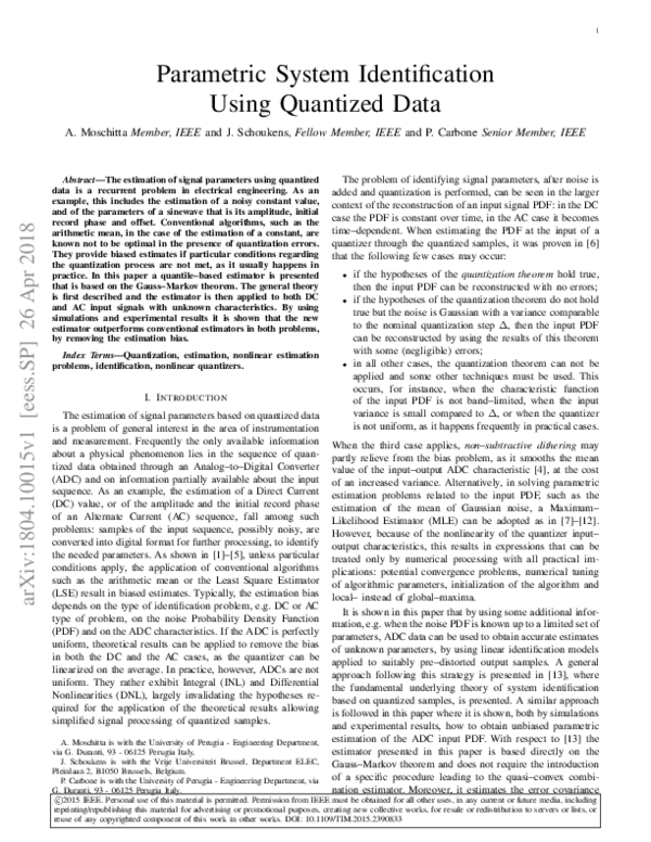 Pdf Parametric System Identification Using Quantized Data Antonio