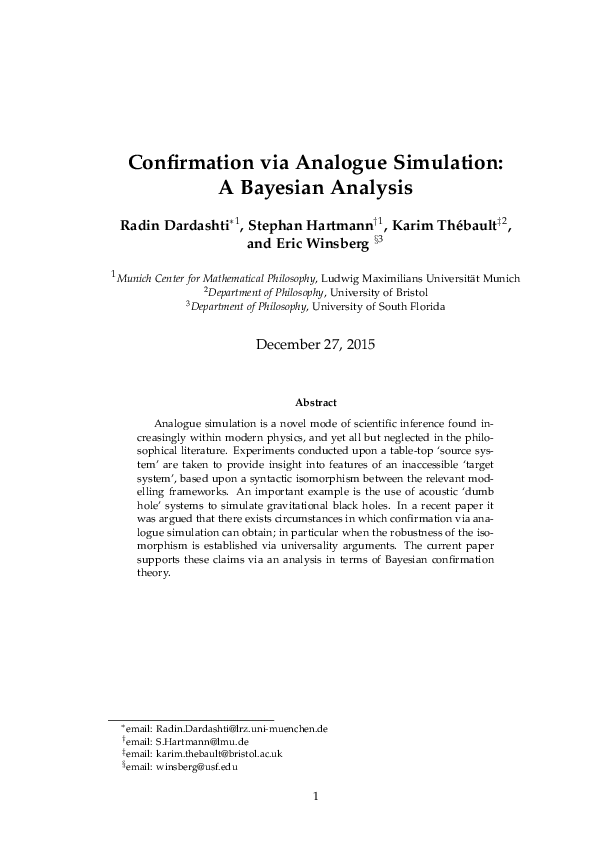 Pdf Confirmation Via Analogue Simulation A Bayesian Analysis